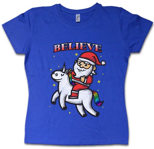 BELIEVE UNICORN SANTA DAMEN T-SHIRT Rainbow Fun Princess Fairytale ...