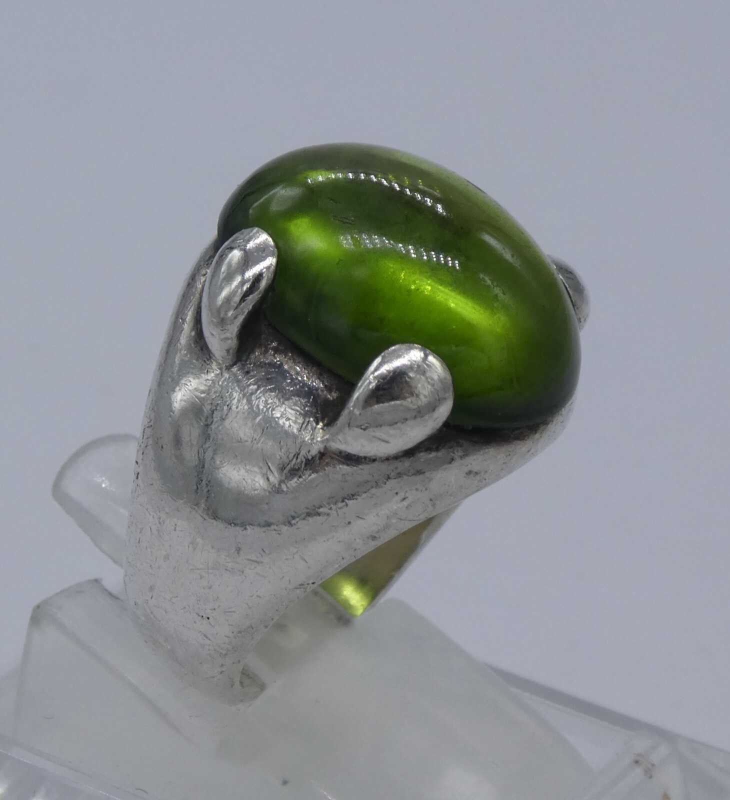 925 Silver & green glass ring P 1/2 (7 3/4) (57… - Gem