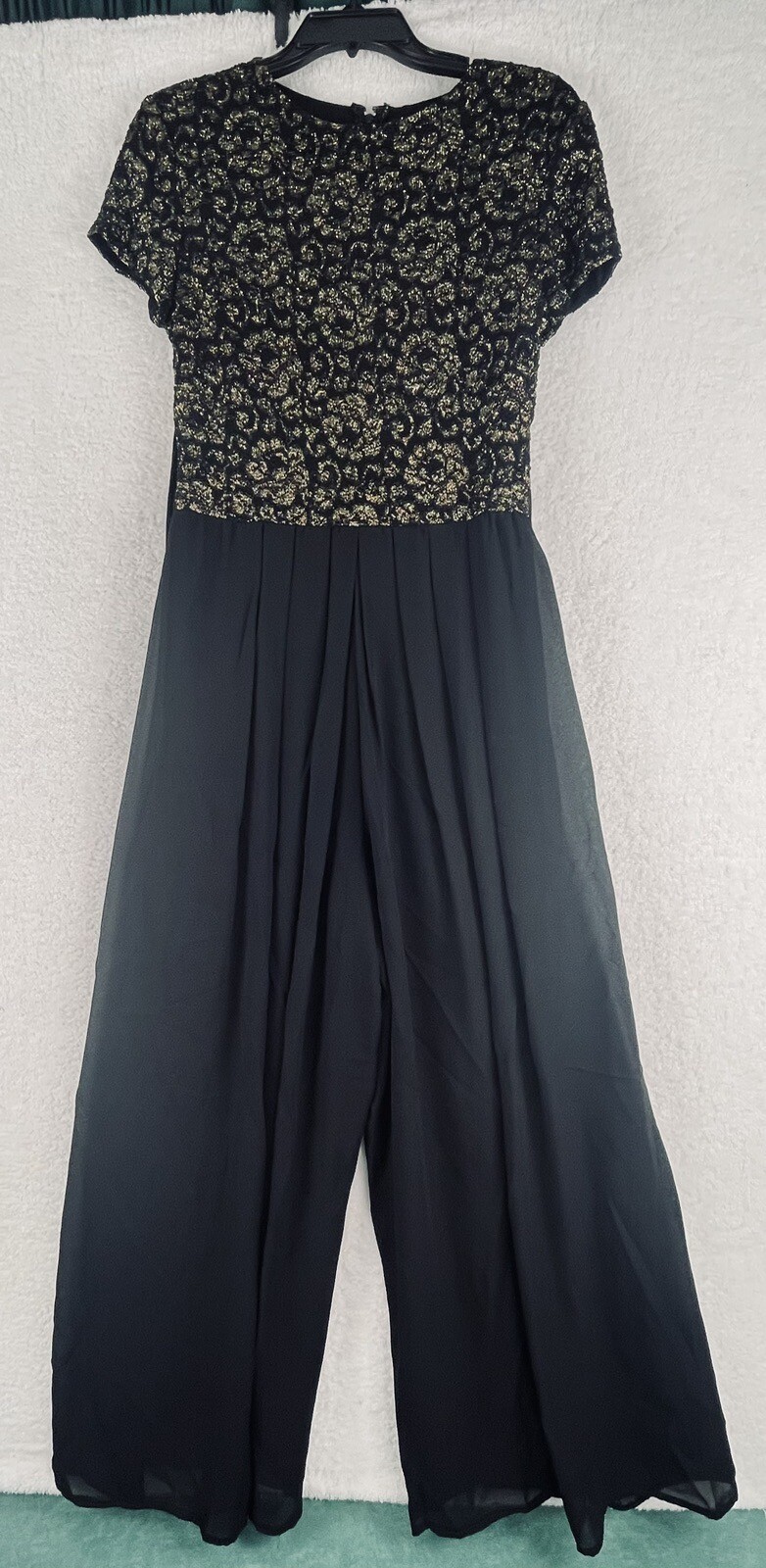 Chiffon Overlay Split Leg Jumpsuit Gold Metallic Knit… - Gem