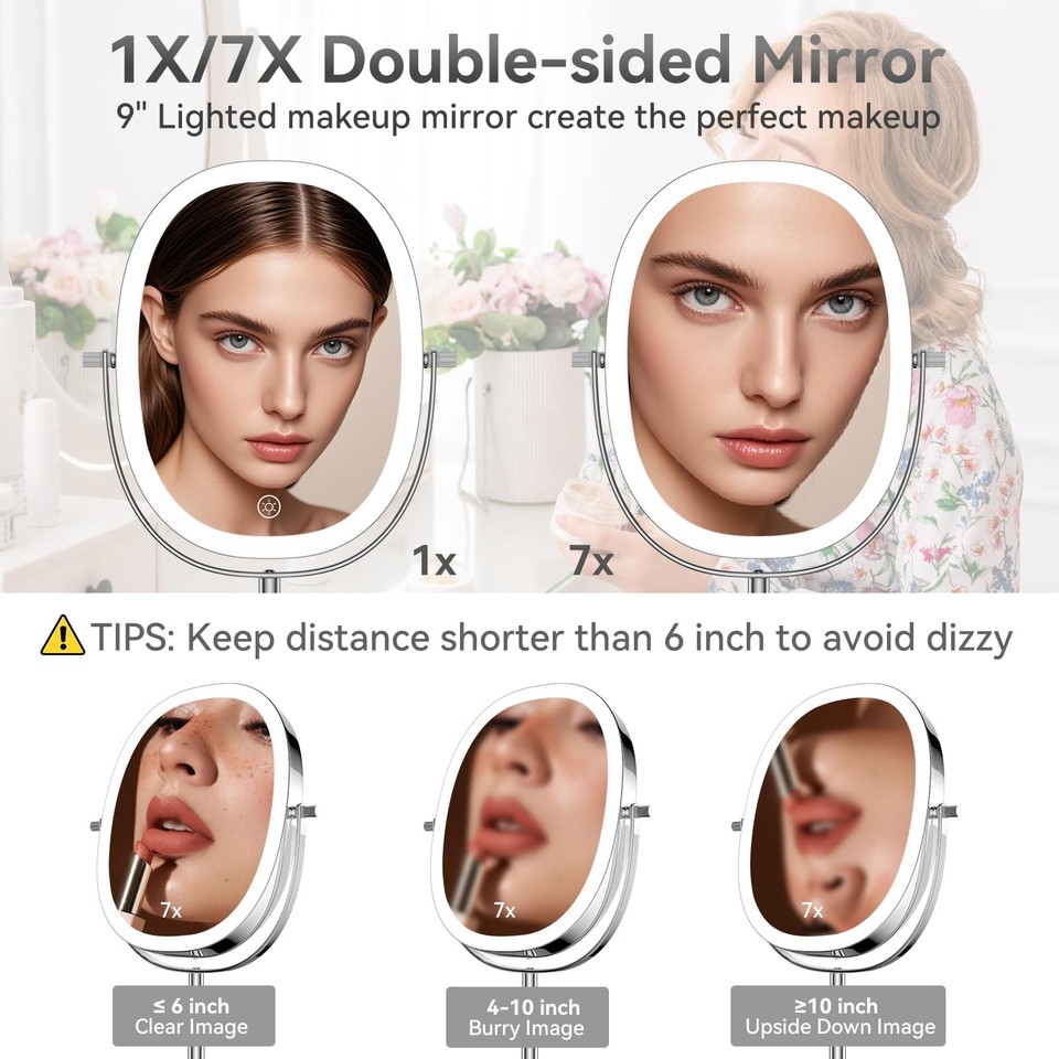 Lighted Makeup Mirror with 7X Magnification, Height Adjustable Vanity ...