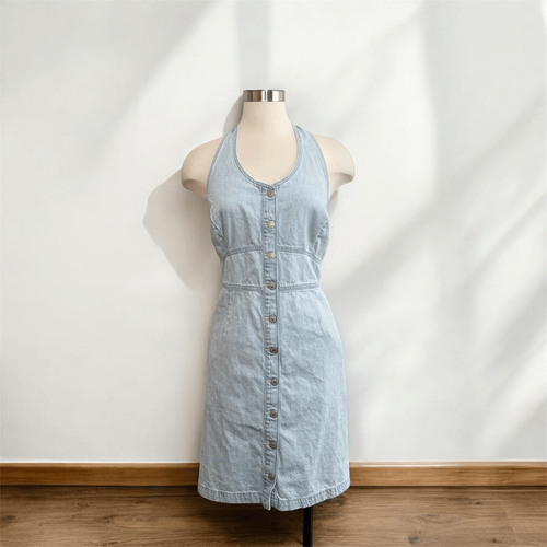 Levi’s Denim Jean Button Down Halter Dress Mini Large Fitted Smocked | eBay