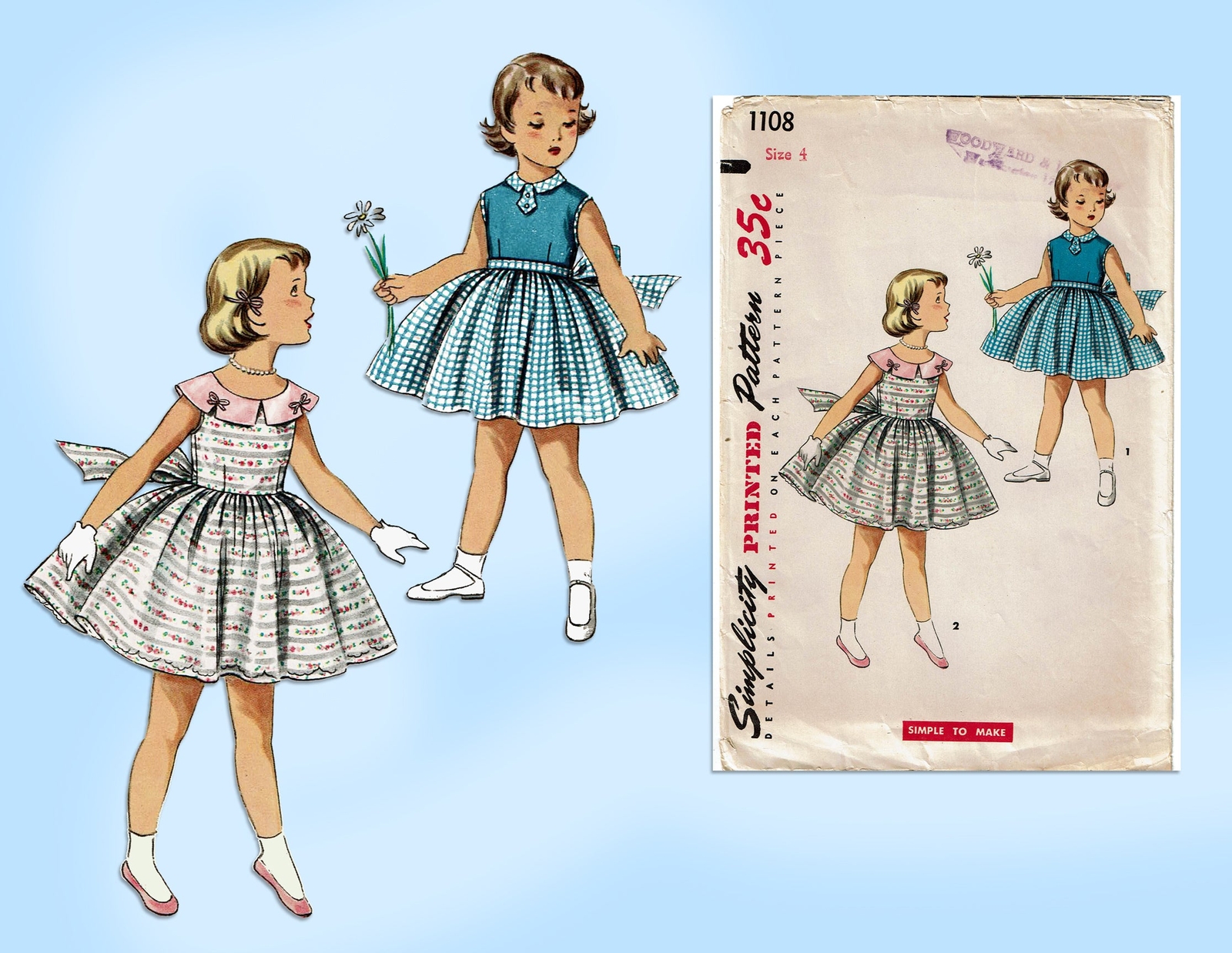 1950s Vintage Simplicity Sewing Pattern 1108 Uncut Toddler Girls Dress ...