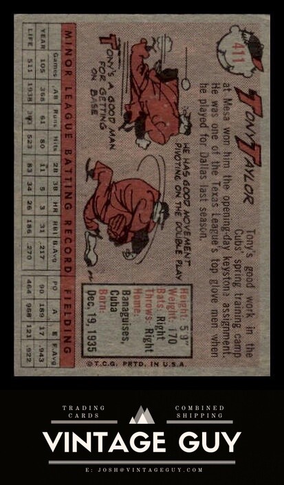 1958 Topps #411 Tony Taylor RC Vintage Chicago Cubs Baseball Card | eBay