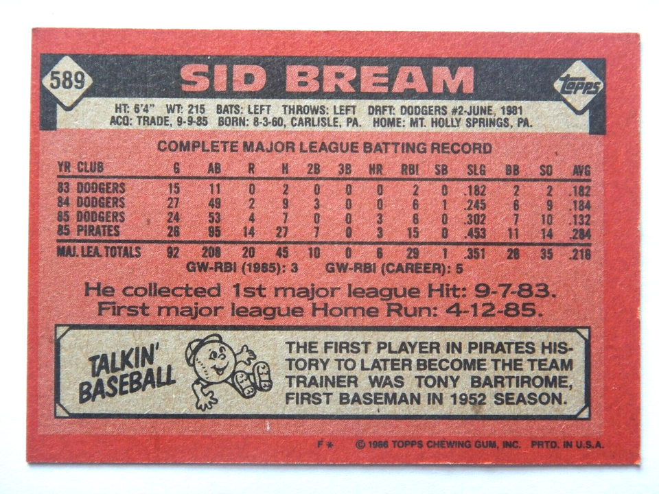 Sid Bream #589 Topps 1986 Baseball Card (Pittsburgh Pirates) *E | eBay