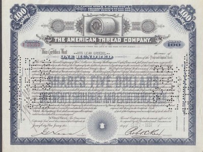 American Thread Stock Certificate 100 shares 9/7 1937 Windham CT | eBay