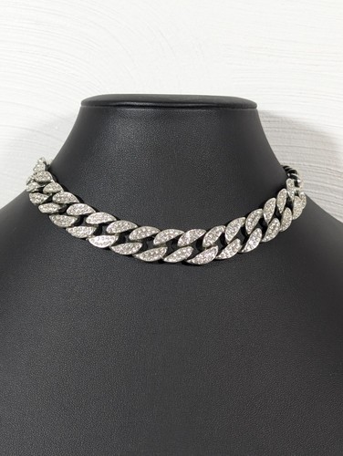 Silver Tone Curb Cuban Chain Rhinestone Statement Necklace Retro 17.5 ...