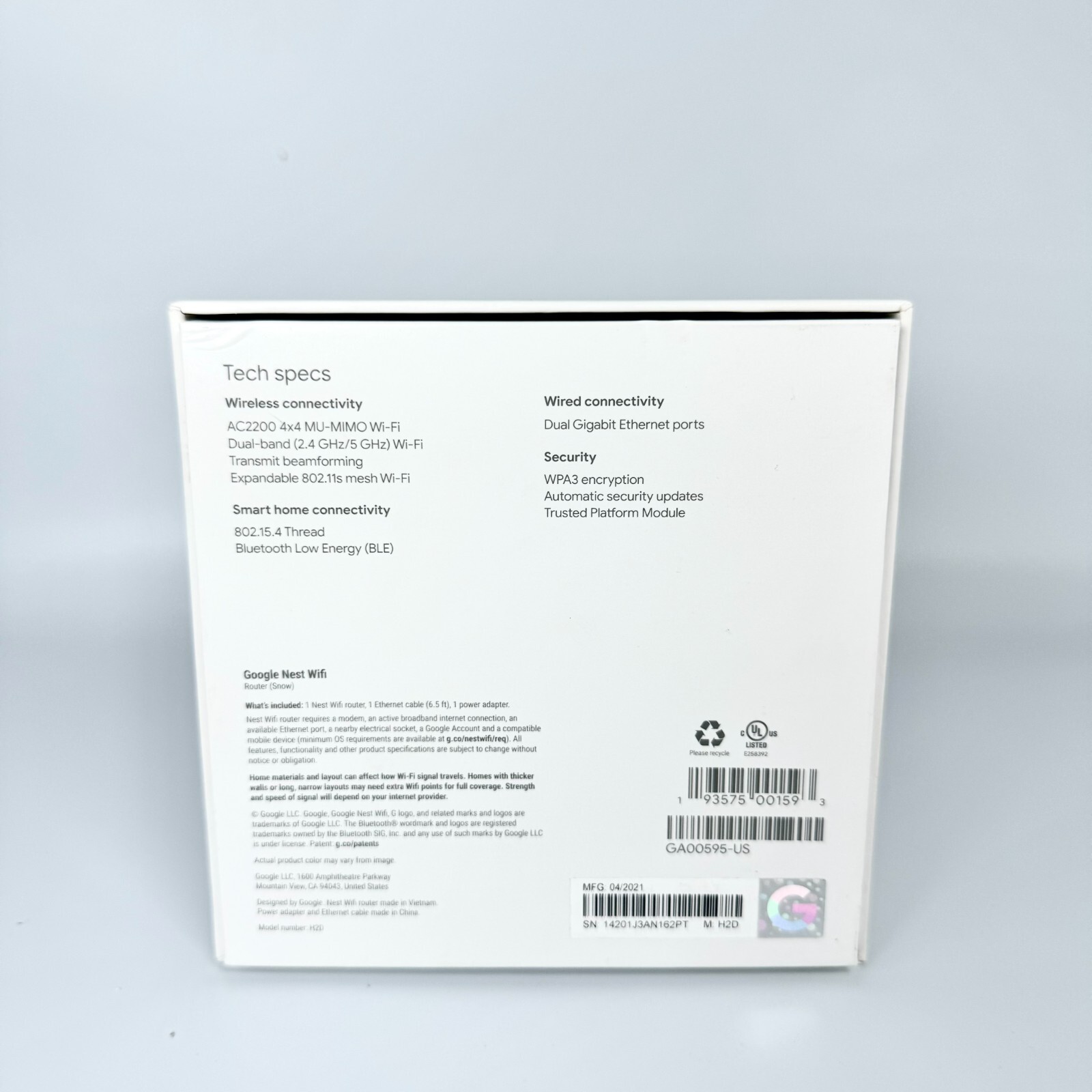 Google Nest H2D GA00595-US Dual Band WiFi Router AC2200 2.4GHz/5GHz w ...