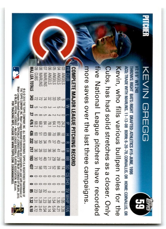 2010 Topps Kevin Gregg Chicago Cubs #59 | eBay