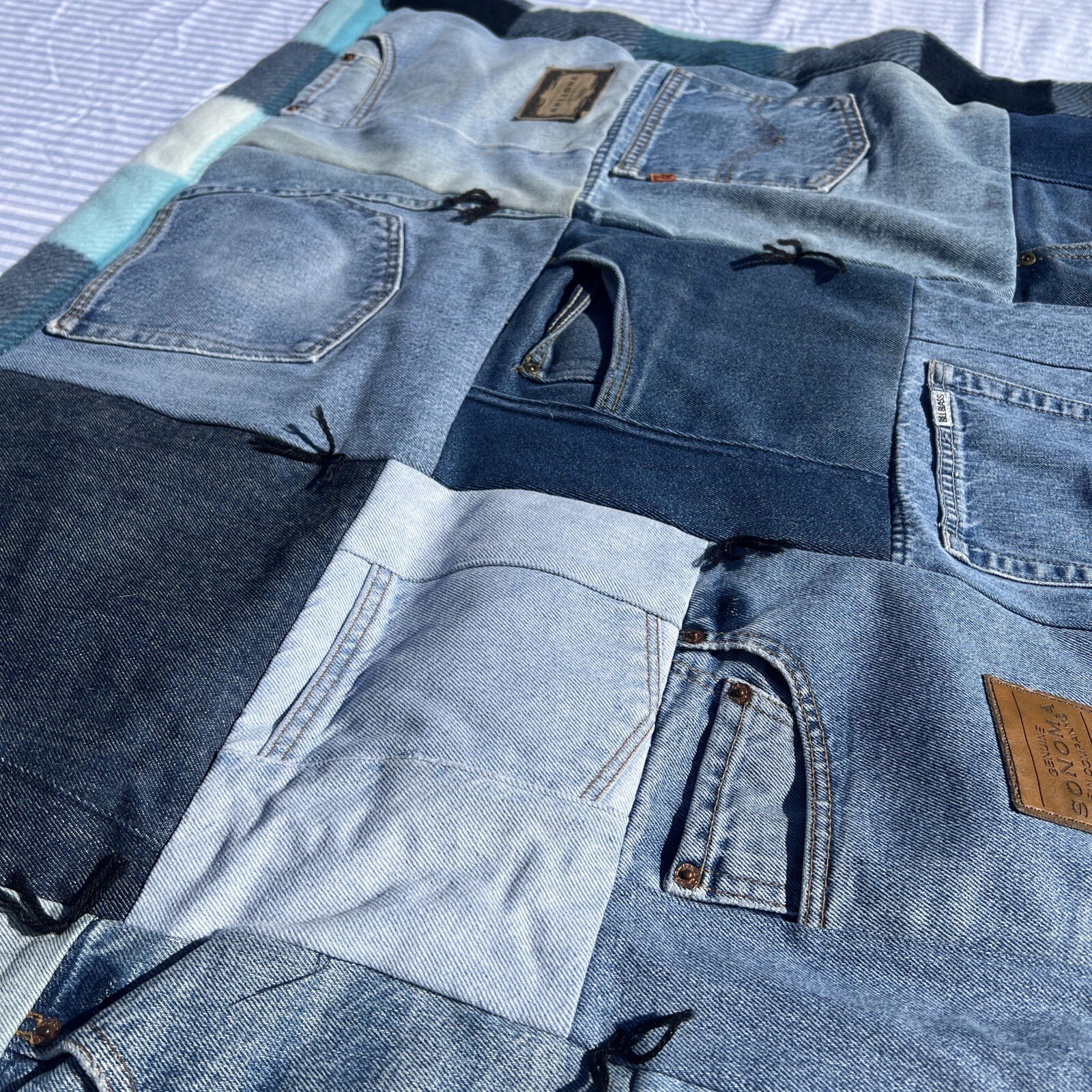 Vintage Denim Blue Jean Patchwork Handmade Quilt Fleece lined 54” X 40 ...