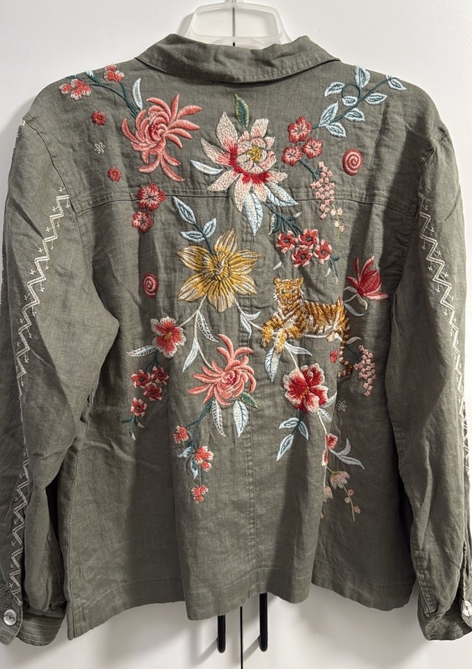 NWT Johnny Was Andrean Relaxed Linen Embroidered Jacket Sz Medium M Olive Green | eBay