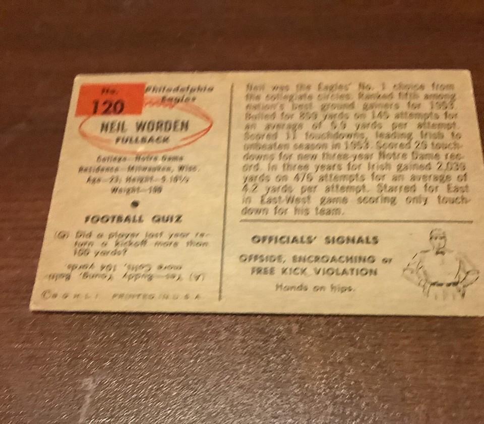 1954 Bowman NFL #120 Neil Worden Philadelphia Eagles | eBay