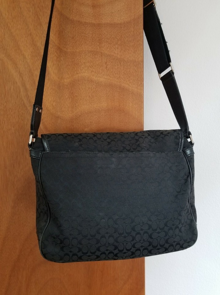 Auth COACH #70283 Unisex Messenger Bag Black Signature Jacquard ...