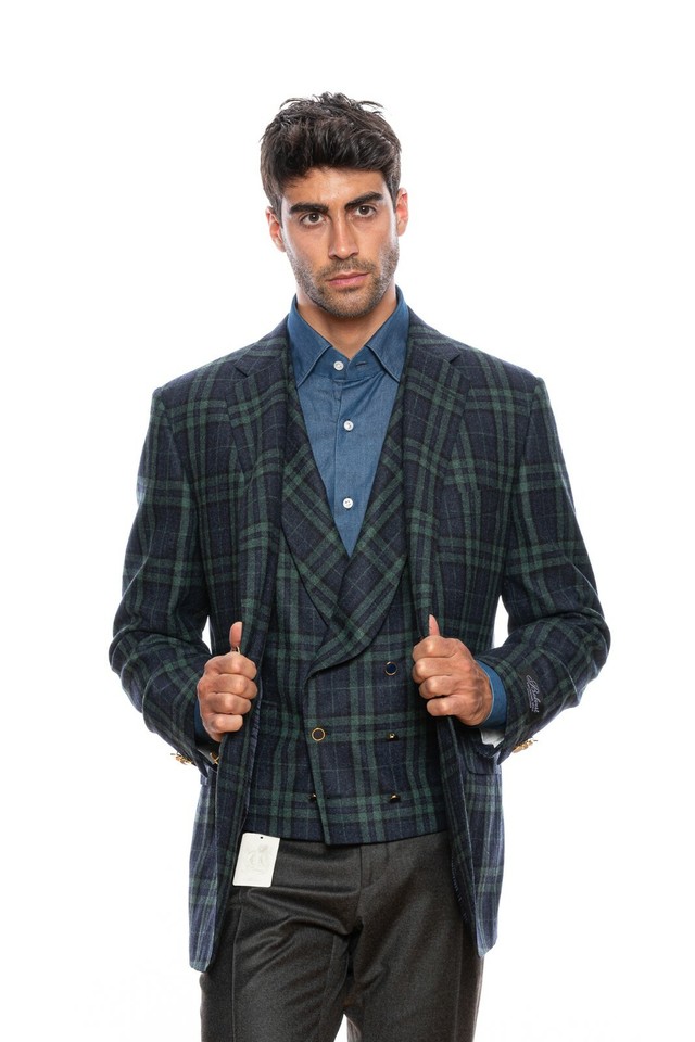 $2450 BELVEST Blue Wool Silk Check Jacket + Vest Double Breasted 44 US ...
