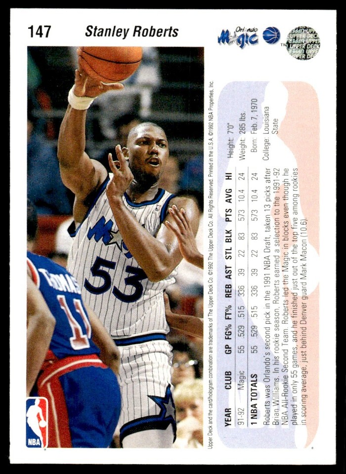 1992-93 Upper Deck Basketball Card Stanley Roberts Los Angeles Clippers ...