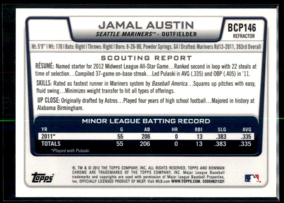 2012 Bowman Chrome Blue Wave Refractors Jamal Austin #BCP146 Seattle ...