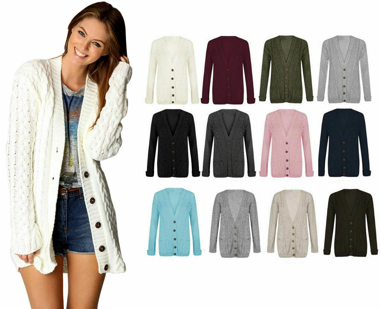 Cable Chunky Knit Cardigan Button Long Sleeves Grandad Cardigan For ...