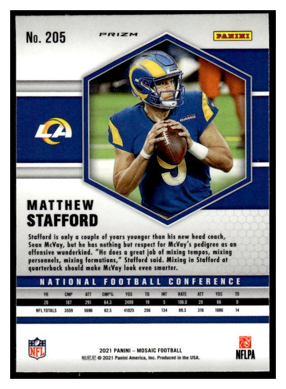 2021 Mosaic Orange Reactive Prizm 205 Matthew Stafford Los Angeles Rams ...