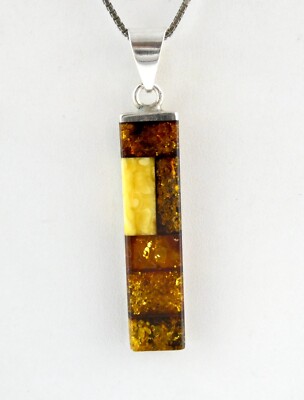 Vintage Sterling Silver Multicolor Amber Inlay Bar Pendant Necklace 15 ...