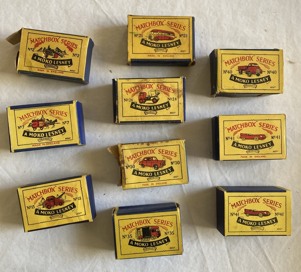 Ten Vintage Moko Lesney Matchbox Empty Boxes: #'s 2,7,13,21,26,30,35,40 ...