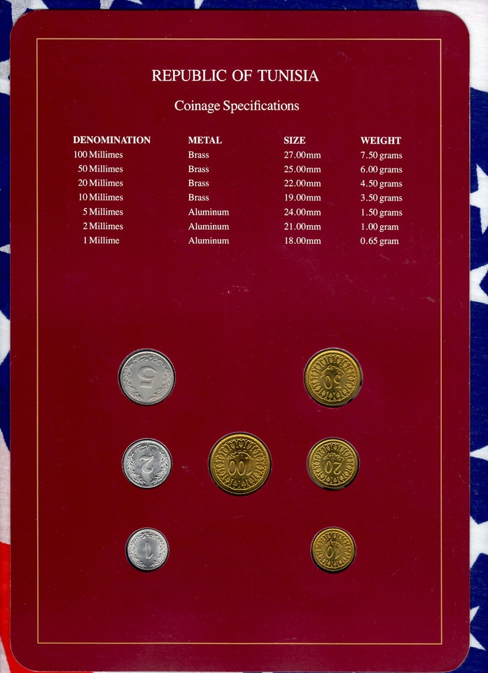 Coin Sets of All Nations Tunisia wcard 1960-1993 UNC cancel date 12.12. ...