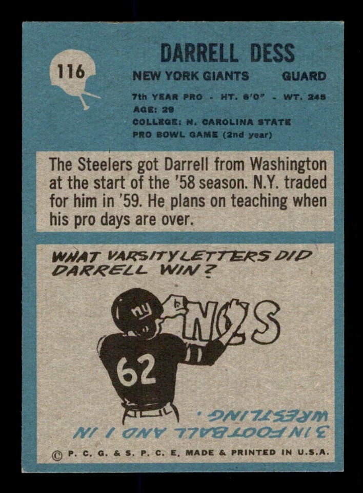 1964 Philadelphia Football #116 Darrell Dess VG *e1 | eBay