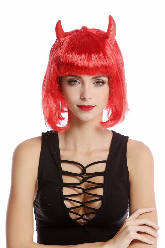 Women's Wig Carnival Halloween Devil She Devil Red Bob Short Red Horns ...