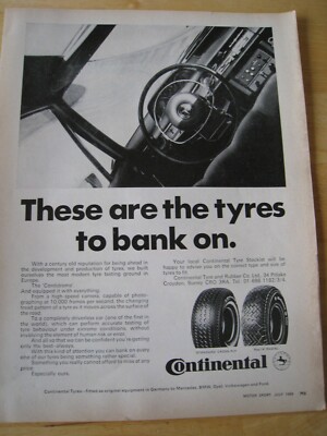 CONTINENTAL TYRES MODERN TYRE TESTING CONTIDROME STOCKIST 1969 ADVERT ...