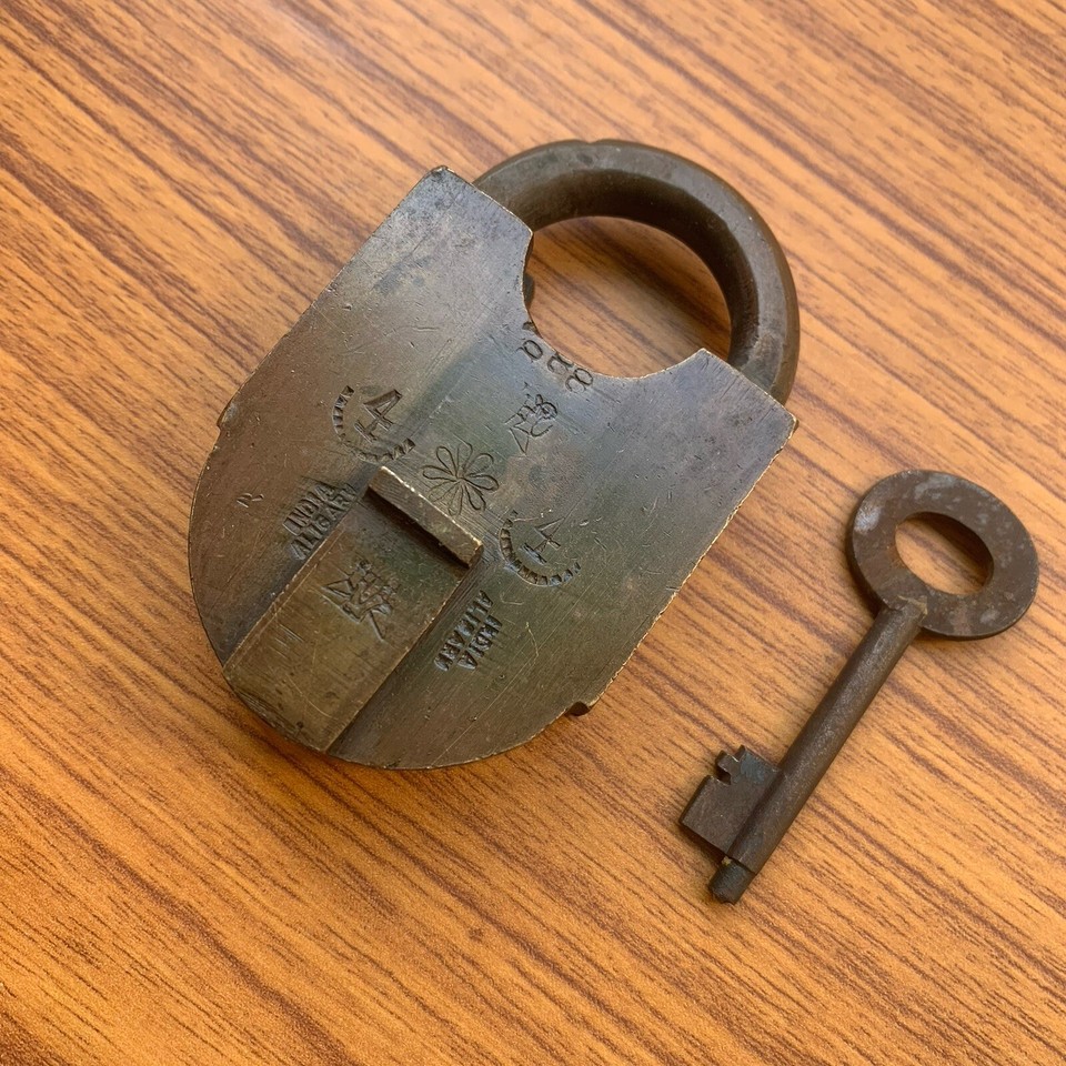 OLD OR ANTIQUE BRASS PADLOCK OR LOCK WITH KEY, RARE SHAPE, RICH PATINA ...