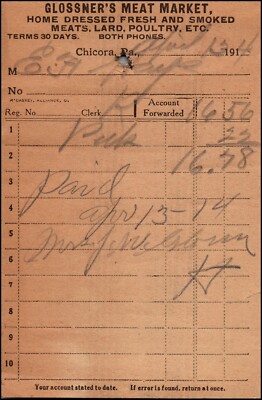 Glossner's Meat Market Home Dressed Fresh Smoked Meats Chicora PA 1914 ...