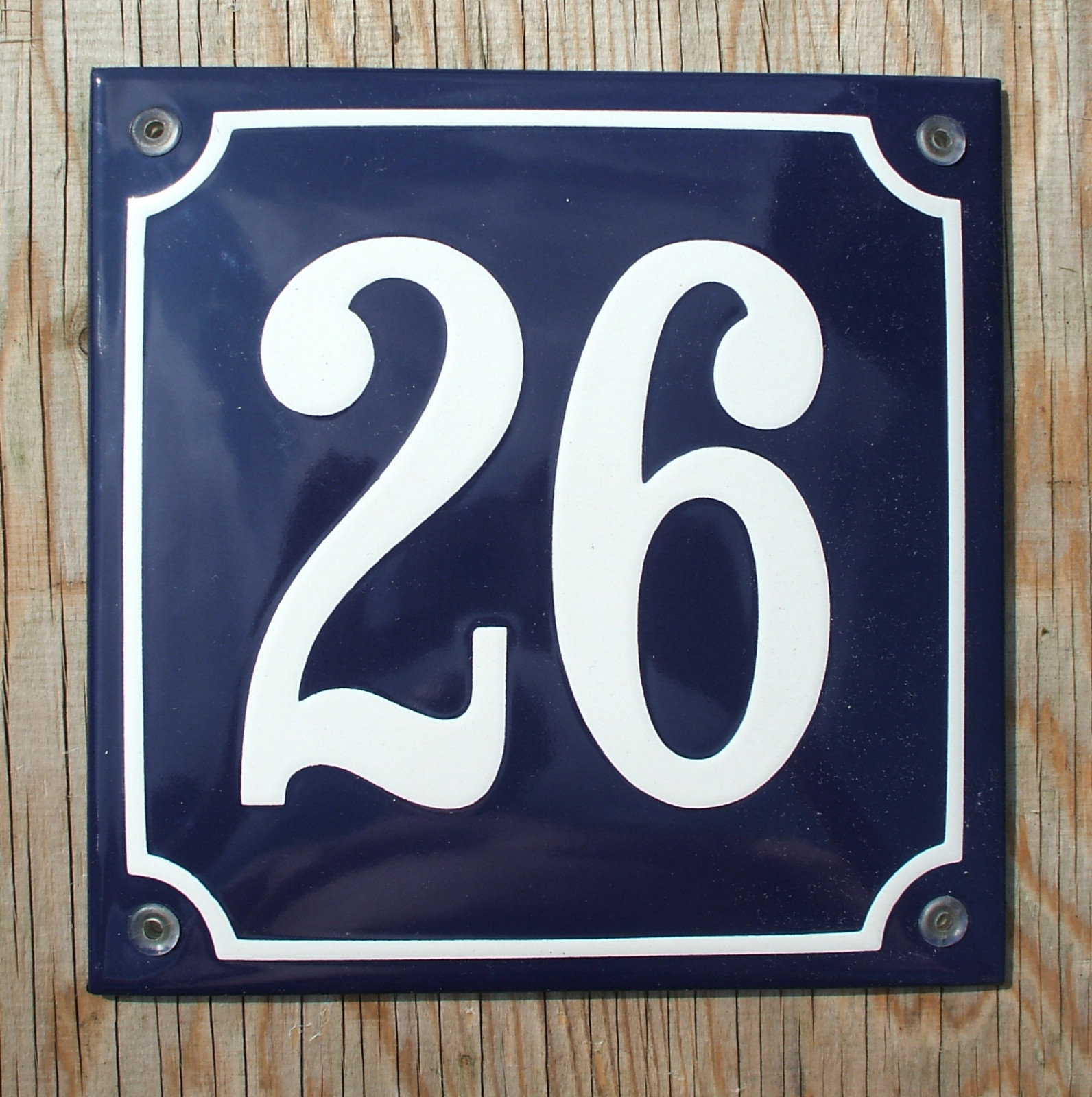 HOUSE NUMBER 26, FRENCH ENAMEL SIGN. WHITE No.26 ON A BLUE BACKGROUND ...