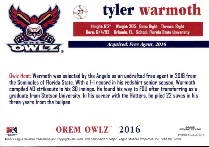 2016 Orem Owlz Grandstand #33 Tyler Warmoth Orlando Florida FL Baseball ...
