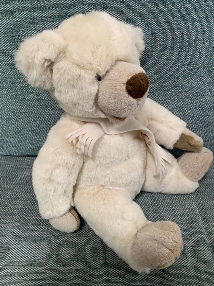 Fluffy White Teddy Bear W/Heart Stitched on Scarf Plush Soft Toy 40cm ...