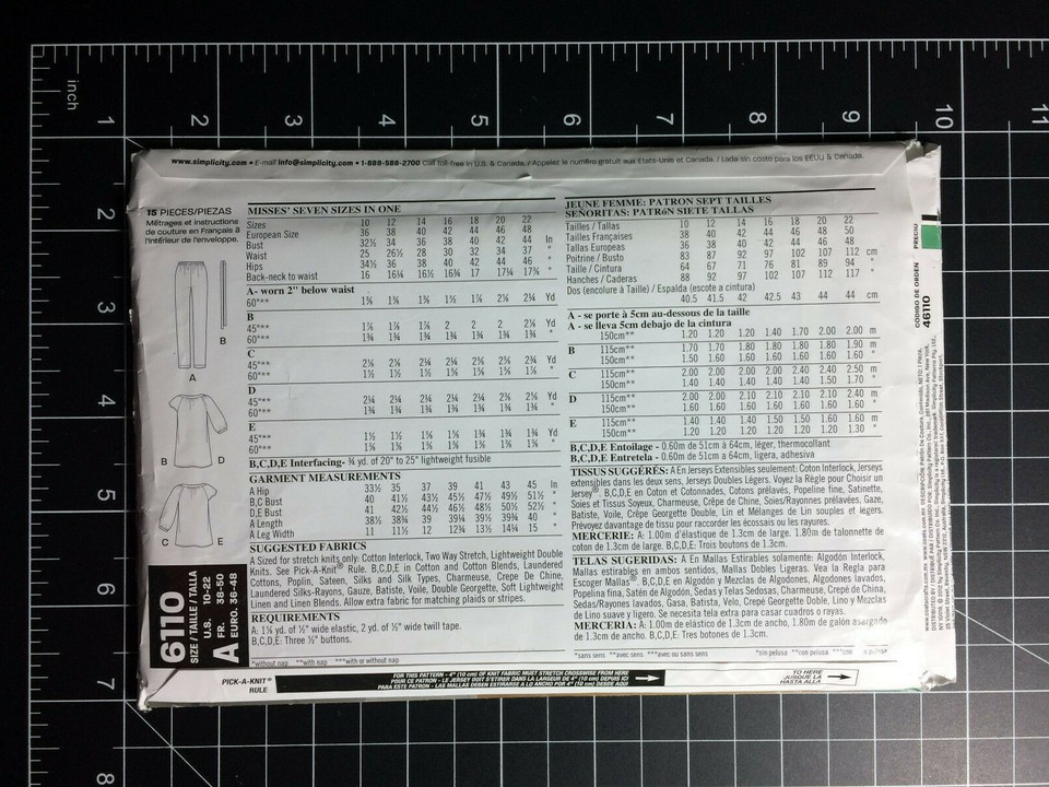 Simplicity #6110 ~ Pattern New Look Pants Shirt Top Tunic ~ Misses 10 ...