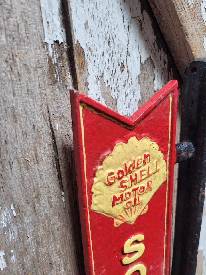 VINTAGE SHELL SIGN CAST IRON OLD ARROW FLANGE GAS STATION MOTOR OIL ...