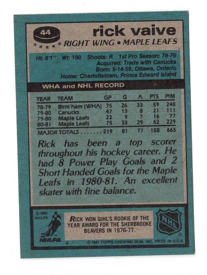 1981 Topps #44 Rick Vaive Near mint or better | eBay