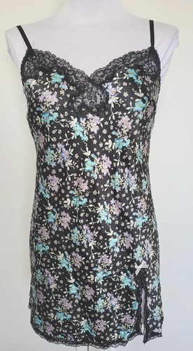 Vintage VS Floral Black Blue Lavender Mini Slip Sateen Dress Nightie PS ...