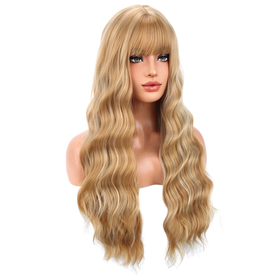 Blonde Mixed Wigs Long Curly Wave Wig with Bangs for Women Girls Blond ...