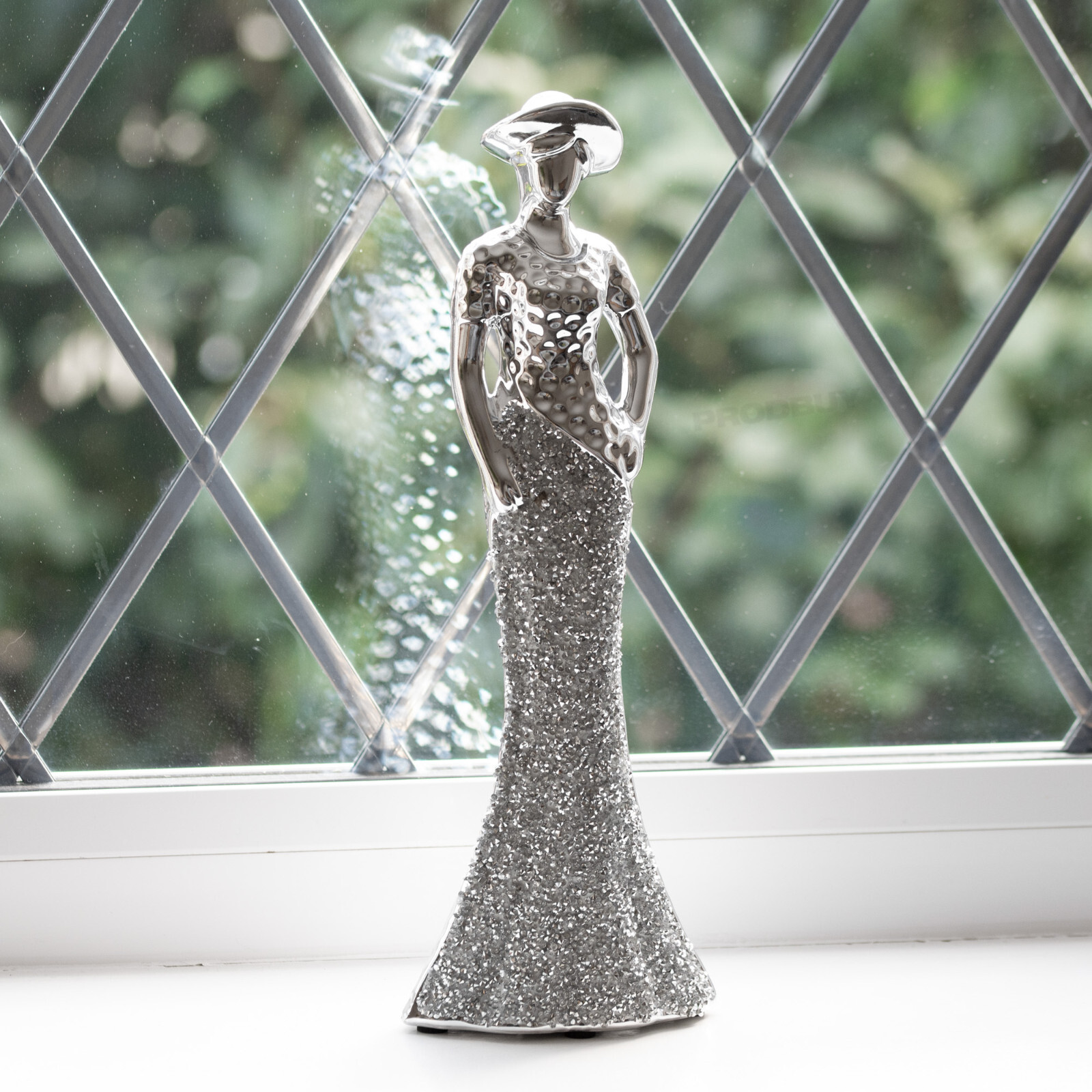 Set of 2 Elegant Lady Figures Tall 30cm Silver Ceramic Bling Statue ...