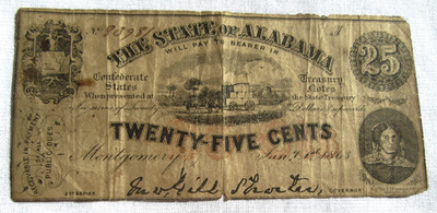 1863 Twenty-Five Cents State of Alabama Montgomery Civil War Era ...