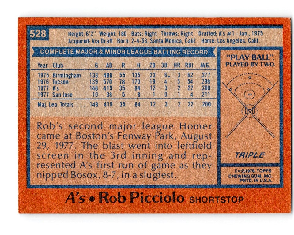 1978 Topps #528 Rob Picciolo Oakland Athletics Baseball Card RC EX-EX+ ...