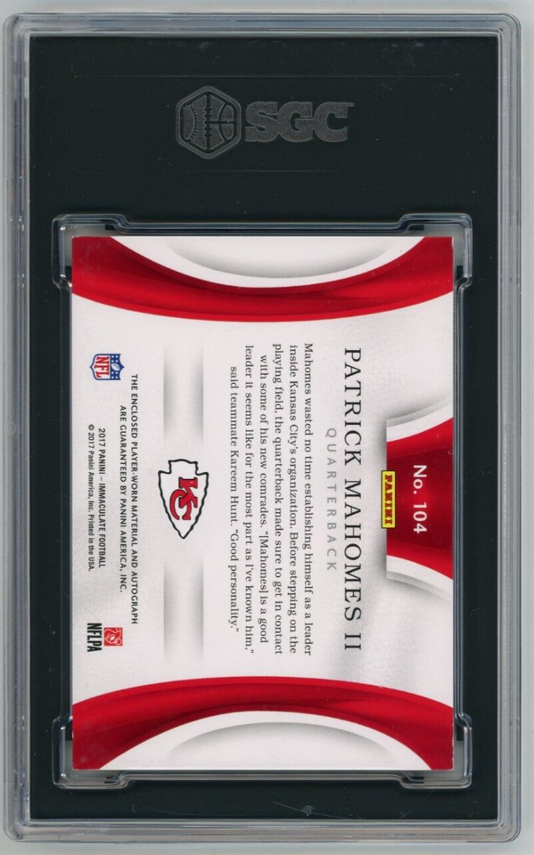 Patrick Mahomes 2017 Immaculate Rookie Patch Autograph, Auto 39/99 SGC ...