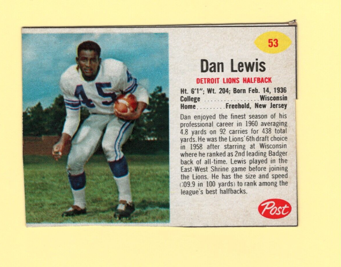 1962 Post Football - #53 - Dan Lewis - Detroit Lions - Hand Cut - F0141 ...