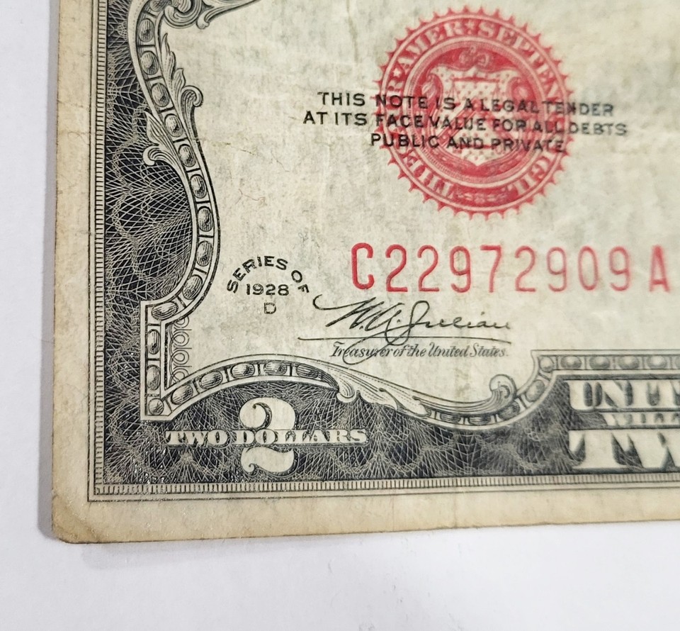 LOT of 5 U.S. 1928-D $2 TWO DOLLAR Bill RED SEAL United States Note C ...