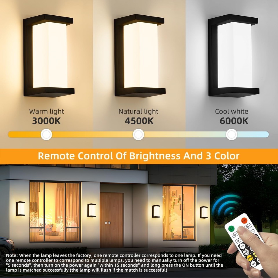 2 Pack Remote Control Outdoor Wall Lamp Porch Lights,3 Color Modern ...