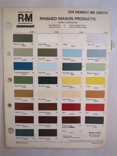 Rinshed Mason 1978 CHEVROLET & CORVETTE Auto Paint Chip Color Chart | eBay