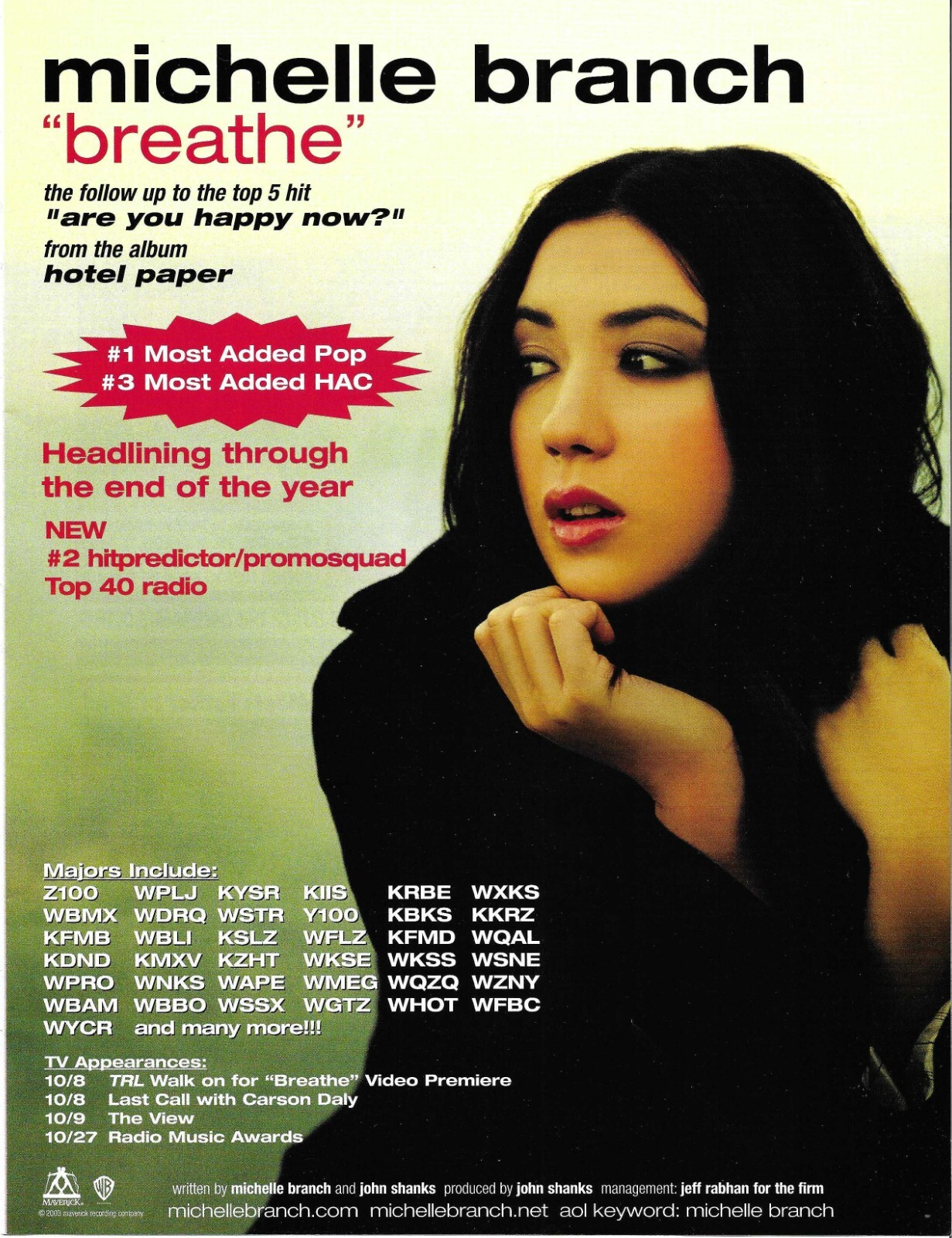 MICHELLE BRANCH Vintage BREATHE 2003 PROMO TRADE AD Poster for Hotel CD ...