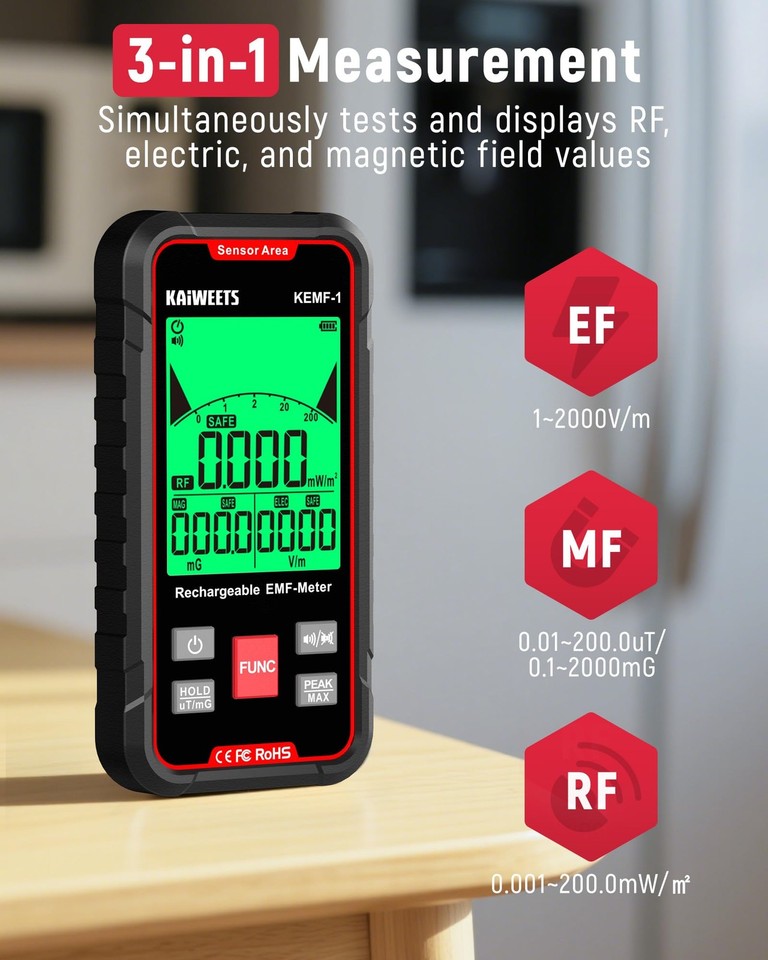 EMF Detector, 3-in-1 Handheld EMF Meter Detects EF, RF, MF, WiFi Signal, Rech... | eBay