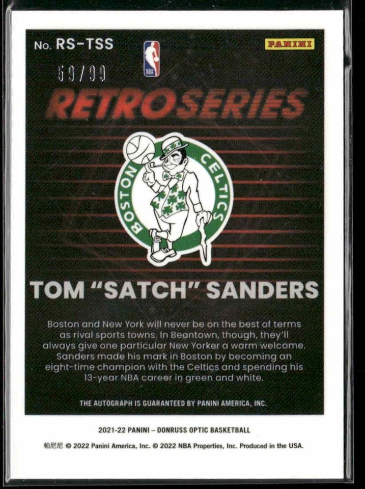 2021-22 Donruss Optic #RS-TSS Tom "Satch" Sanders Retro Series ...