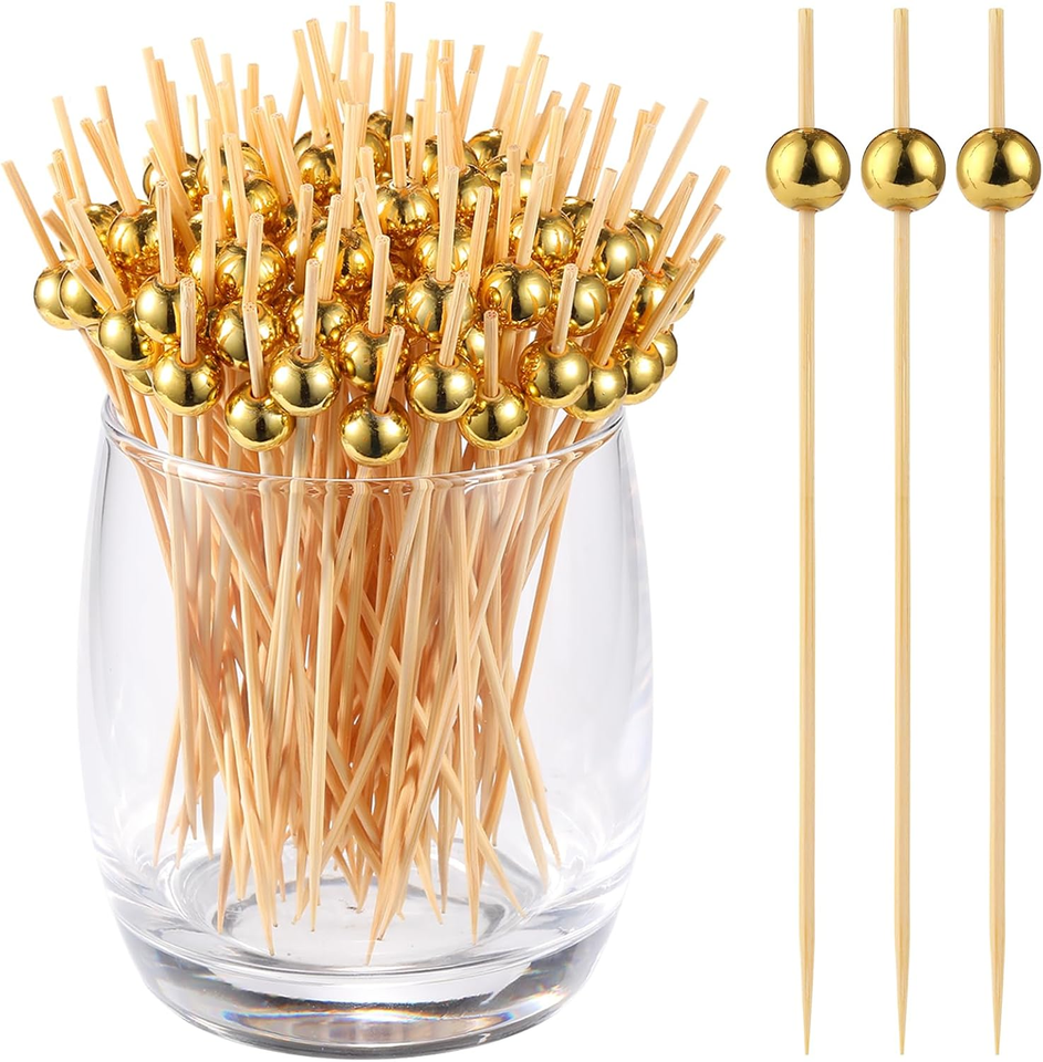 200 Pcs Cocktail Picks, Gold Plastic Ball Decor Skewer for Appetizers ...