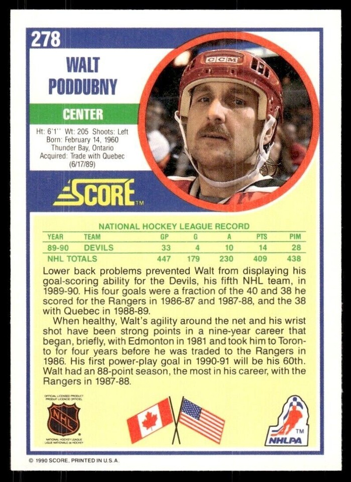 1990 SCORE NHL HOCKEY Trading Card #278 - Walt Poddubny, New Jersey ...